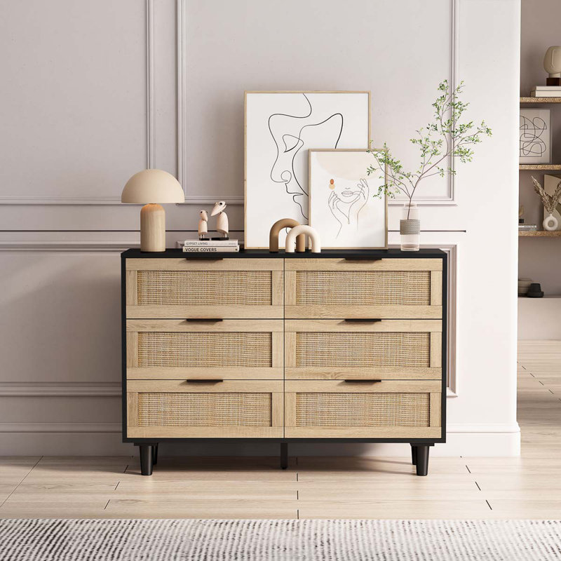 Multi Purpose Rattan 6 Drawer Dresser Modern Storage Cabinet with Wooden Legs Bay Isle Home Color Black Natural Incorrect